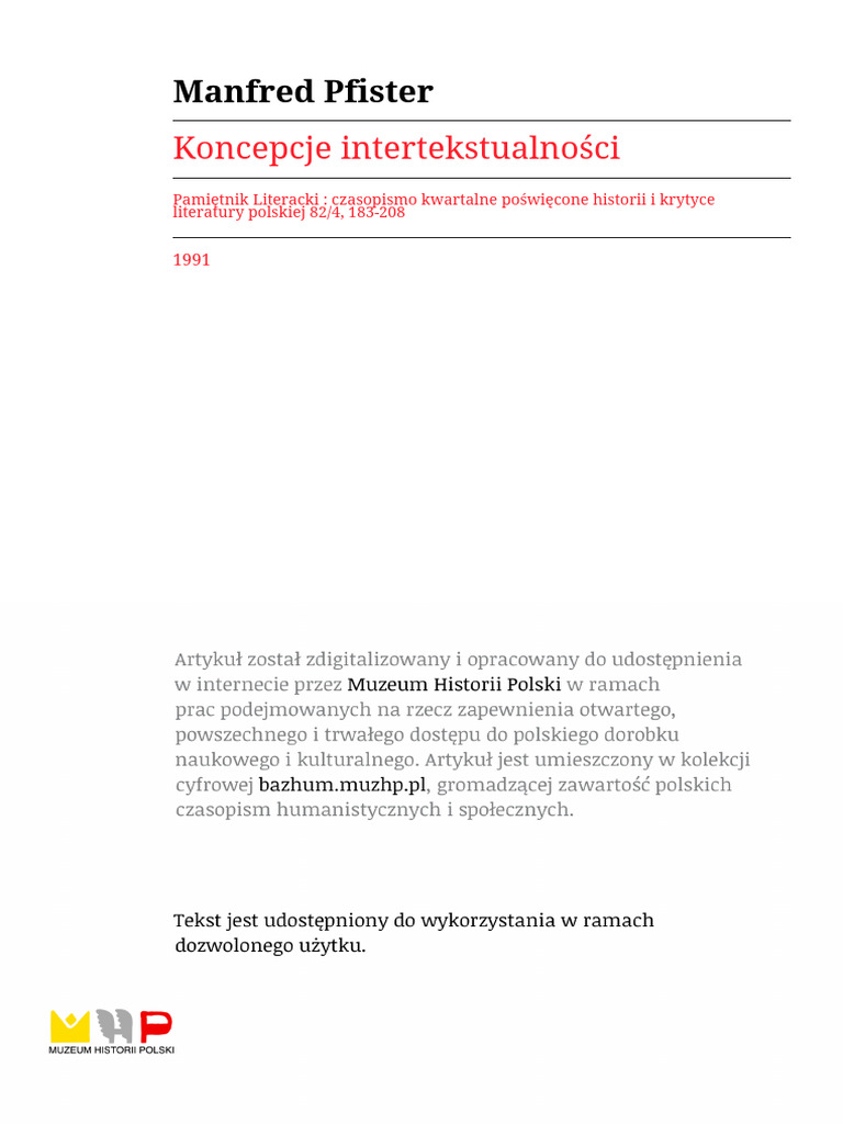 M. Pfister Koncepcje Intertekstualności | PDF