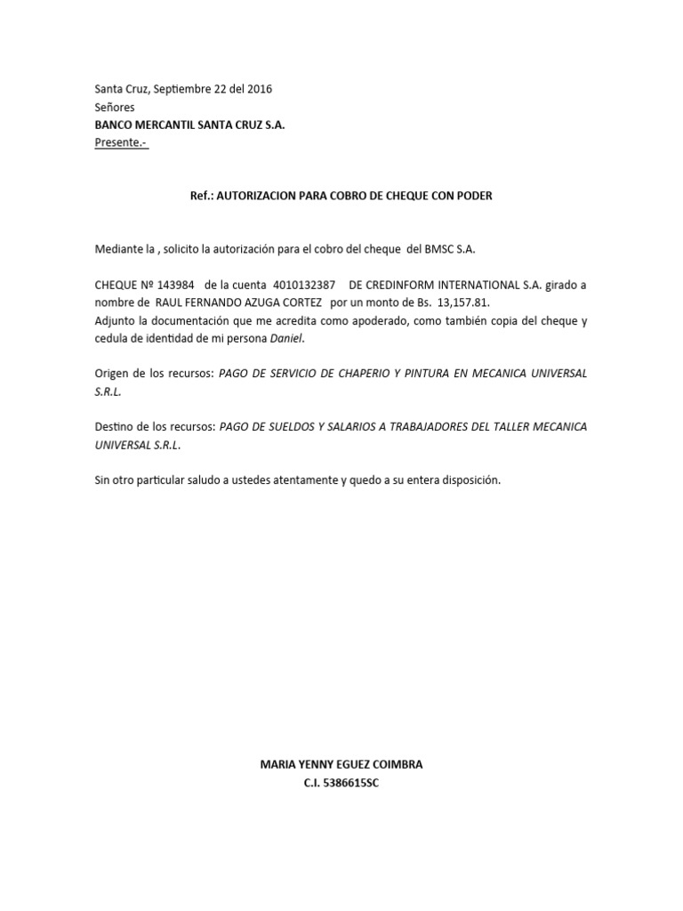 Carta para Cobro de Cheques | PDF