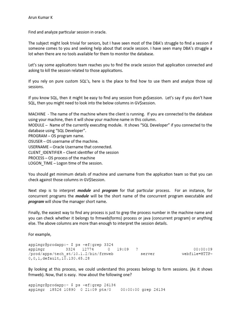 Find and Analyze Particular Session in Oracle | PDF | Databases | Oracle Database