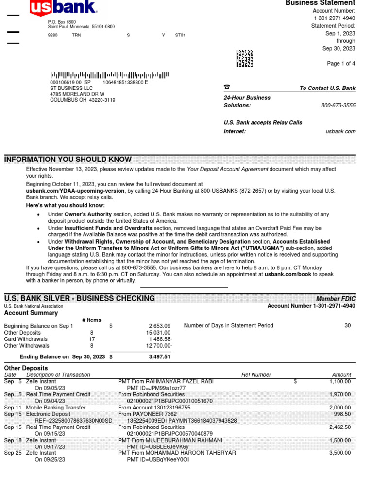 U.S. Bank Business Checking Statement | PDF | Cheque | Credit Card