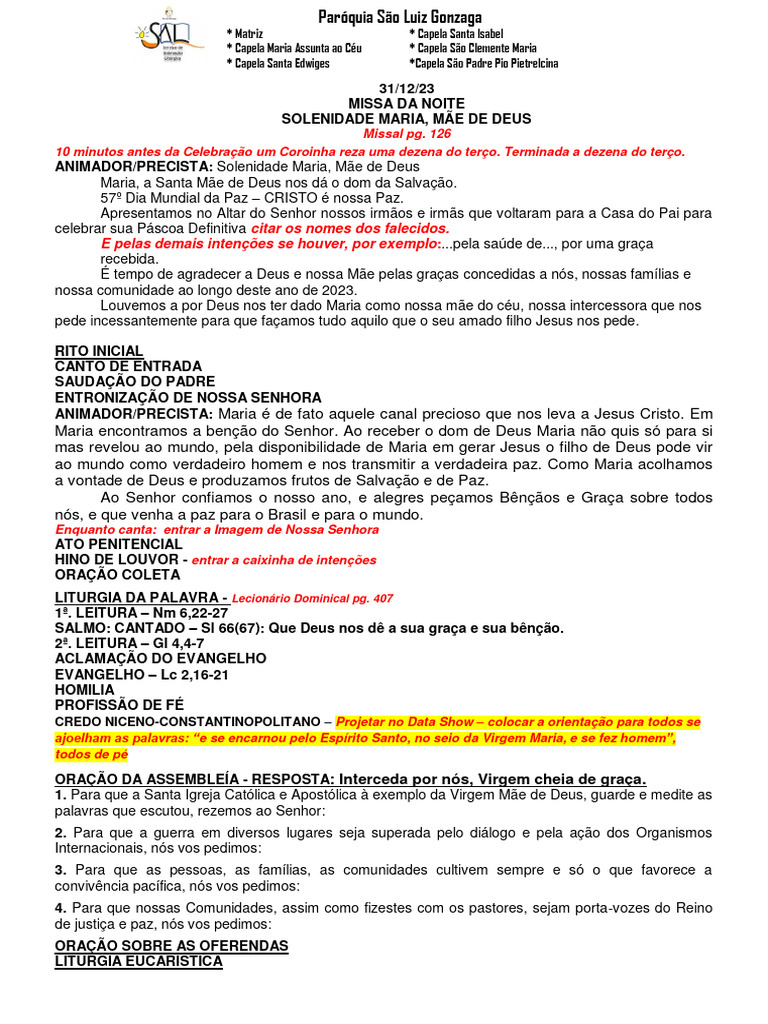 Roteiro Liturgico Solenidade Maria, Mãe de Deus - 31-12-23 | PDF ...