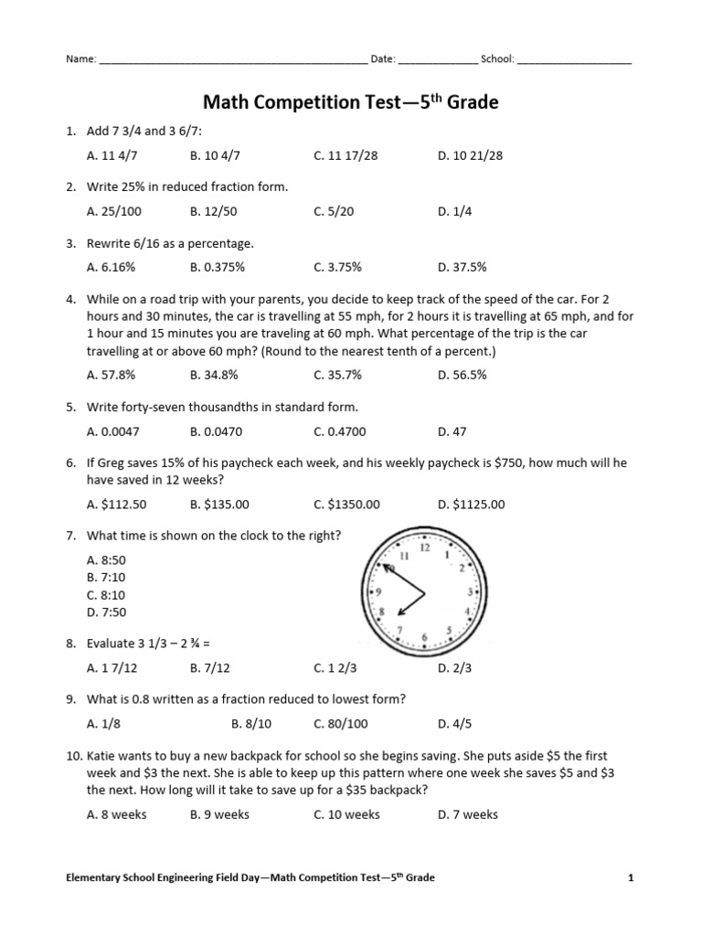 Ucd Fieldday Unit 5thgrade Mathtest v2 Tedl | PDF