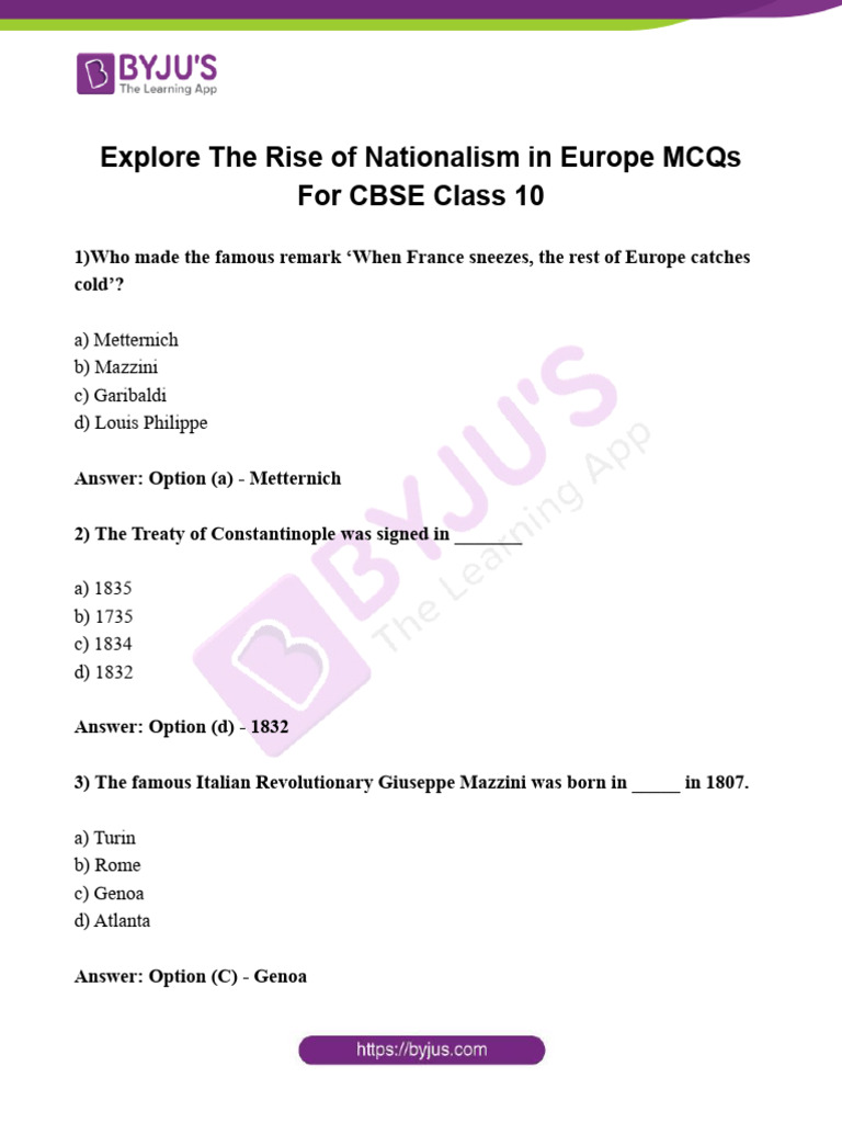 Nationalism in Europe: Class 10 MCQs | PDF | Nationalism | France