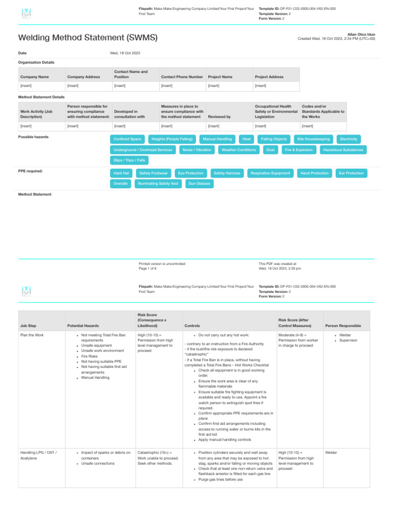 Welding Method Statement (SWMS) PDF | PDF | Risk | Personal Protective ...