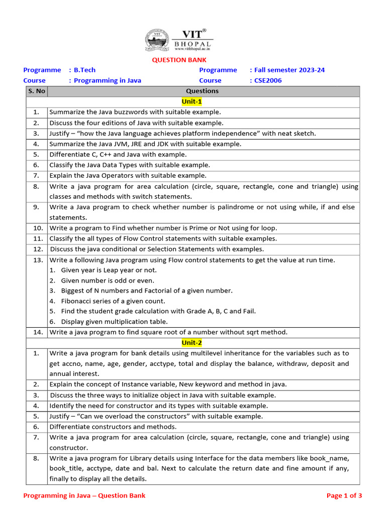 Cse2006 Java Qs Bank All Modules Pdf Method Computer Programming Class Computer 