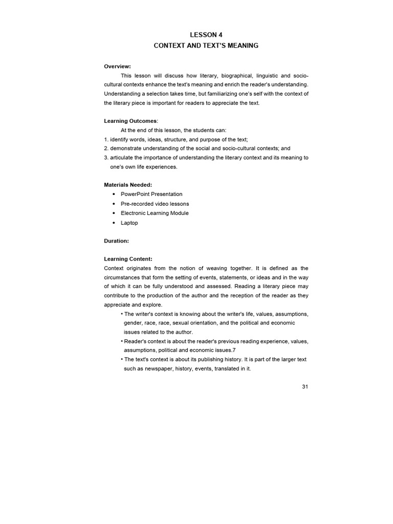 21st Century Lit Lesson 4 Module | PDF | Writers | Experience