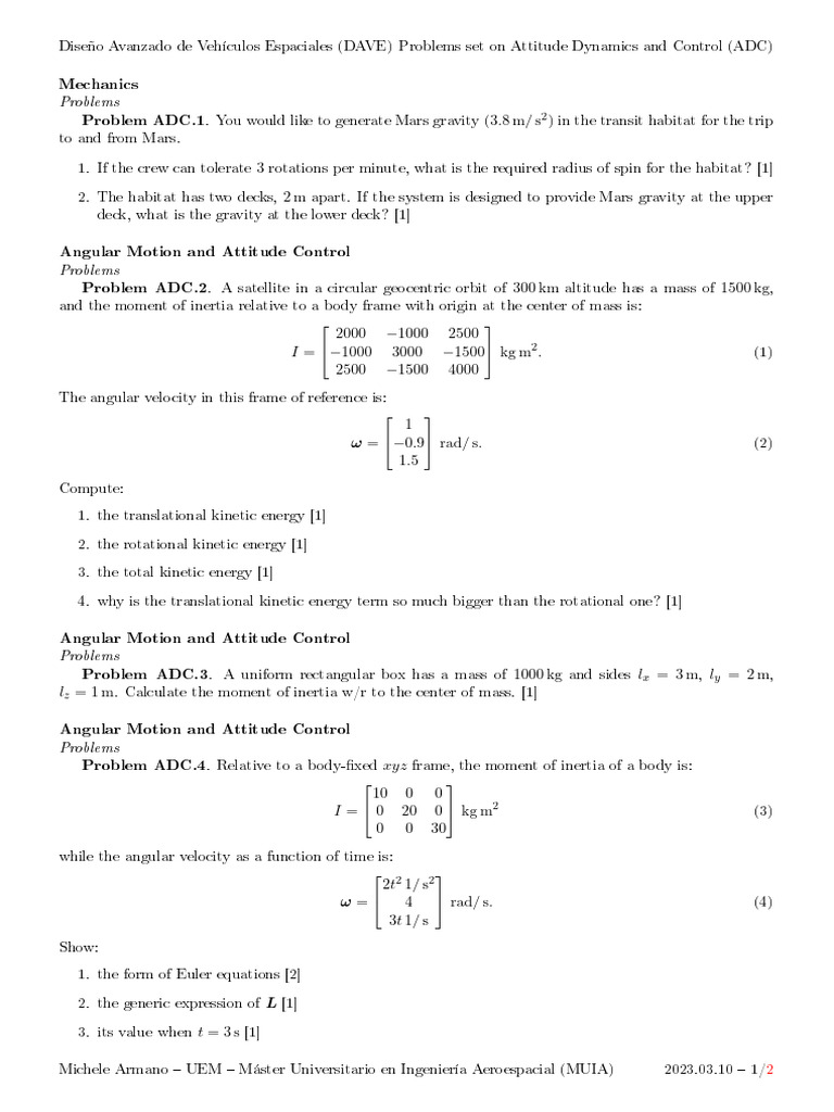 2023.03.10 Problem Set Angular Motion Attitude Control Handouts | PDF | Applied And ...