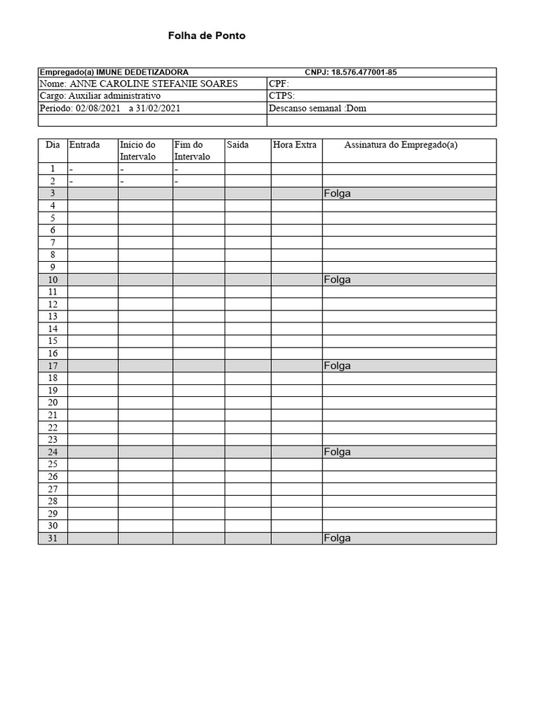 Modelo Folha de Ponto | PDF