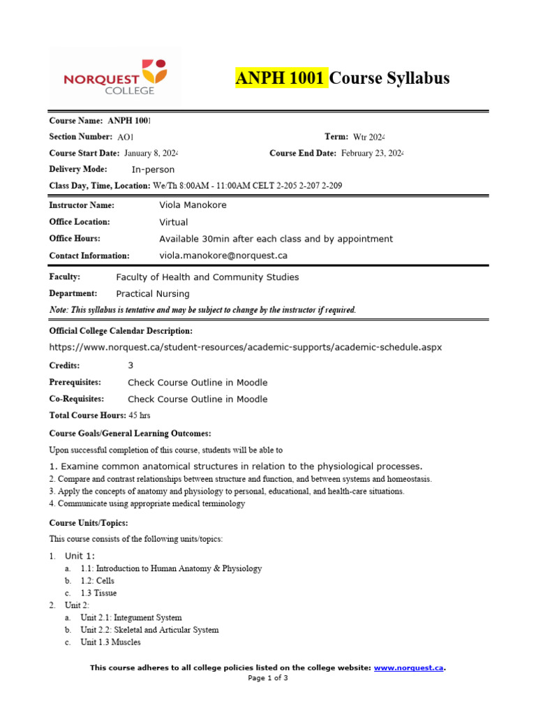 ANPH 1001 WTR 2024 CourseSyllabus Section AO1 | PDF | Anatomy ...