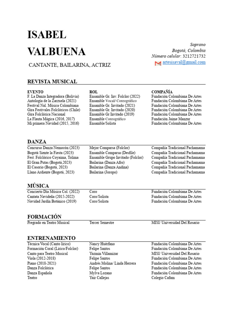 Isabel Valbuena CV Coral | PDF | Colombia | Las artes escénicas