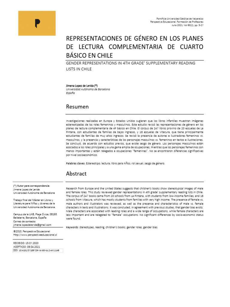 Representaciones de Género en Los Planes de Lectura Complementaria de Cuarto Básico en Chile | PDF