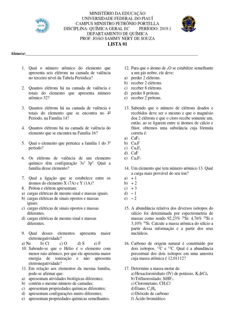 LISTA 01-Revisao Atomicidade e Ligações | PDF | Ligação química ...