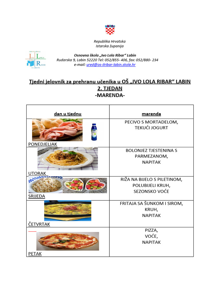 Jelovnik Marenda 2. Tjedan | PDF