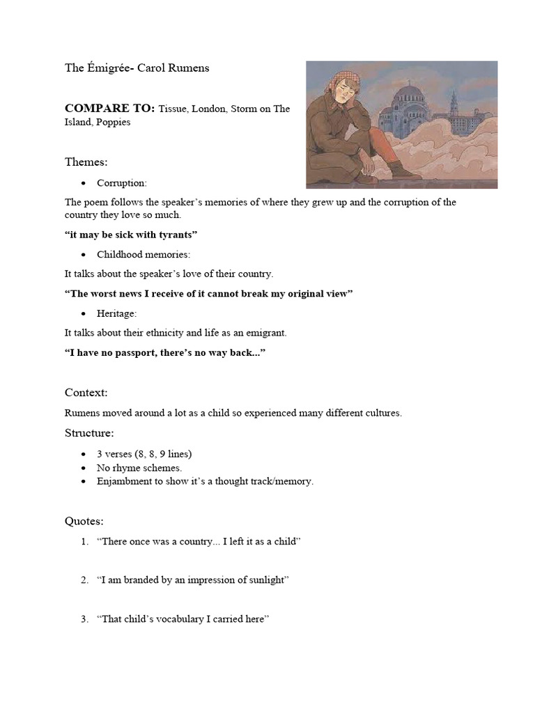Themes in Carol Rumens' The Émigrée | PDF