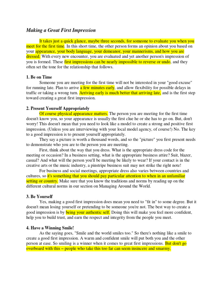 Making A Great First Impression | PDF | Body Language | Communication