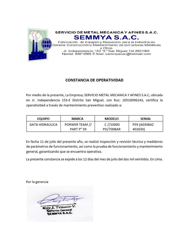 Certificado Arequipa 1 - Gata Power Team P59 (A0308AZ 402630) - 07.22 ...