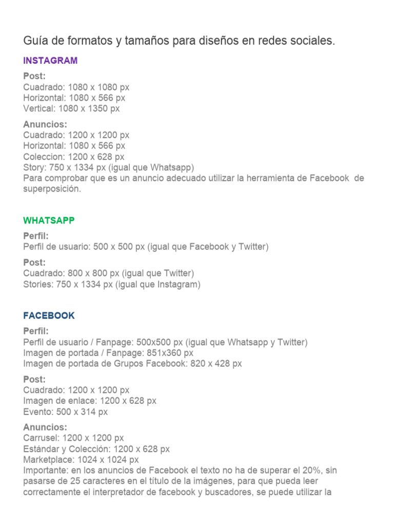 Guía de Formatos y Tamaños para Diseños en Redes Sociales | PDF ...