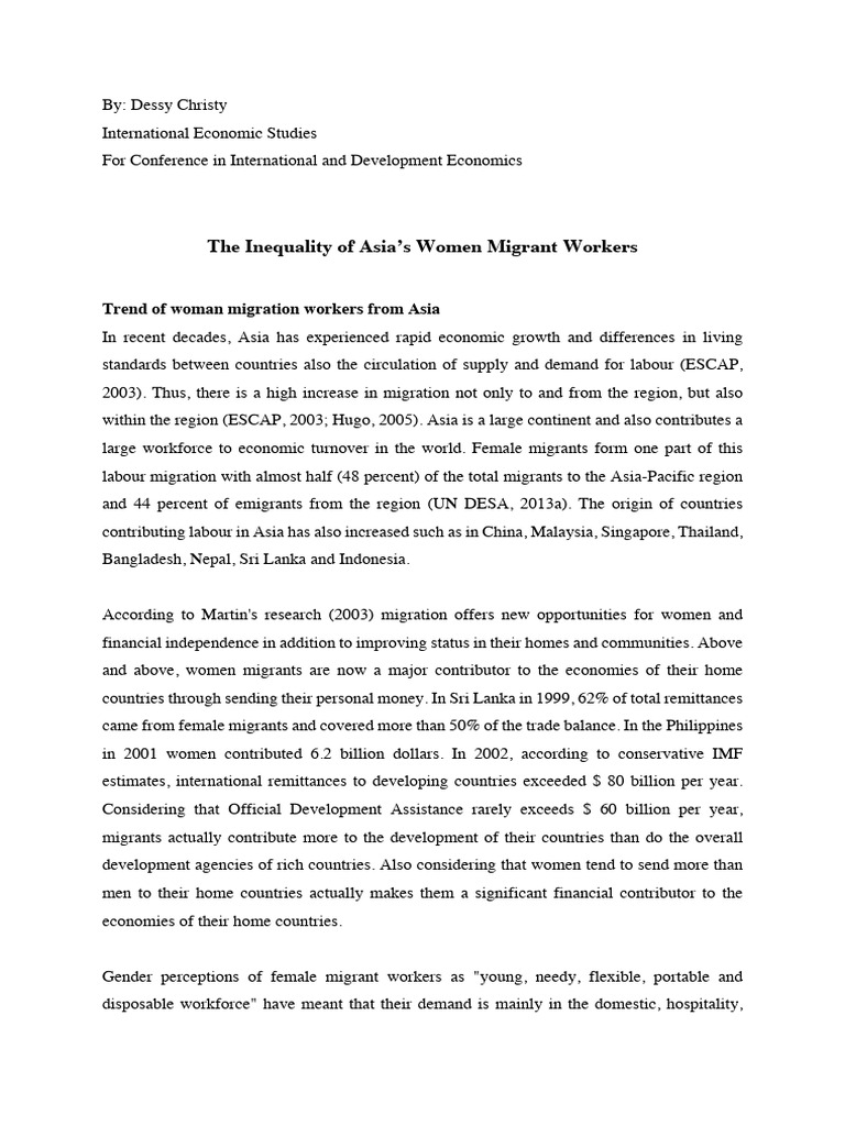 The Inequality of Asia's Women Migrant Workers - Dessy Christy - IES | Download Free PDF ...