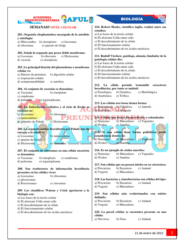 Academia Preu Aful - Semana 03 Biologia | PDF | Citoplasma | Biología Celular)