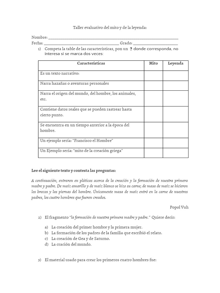 Taller evaluativo del mito y de la leyenda | PDF