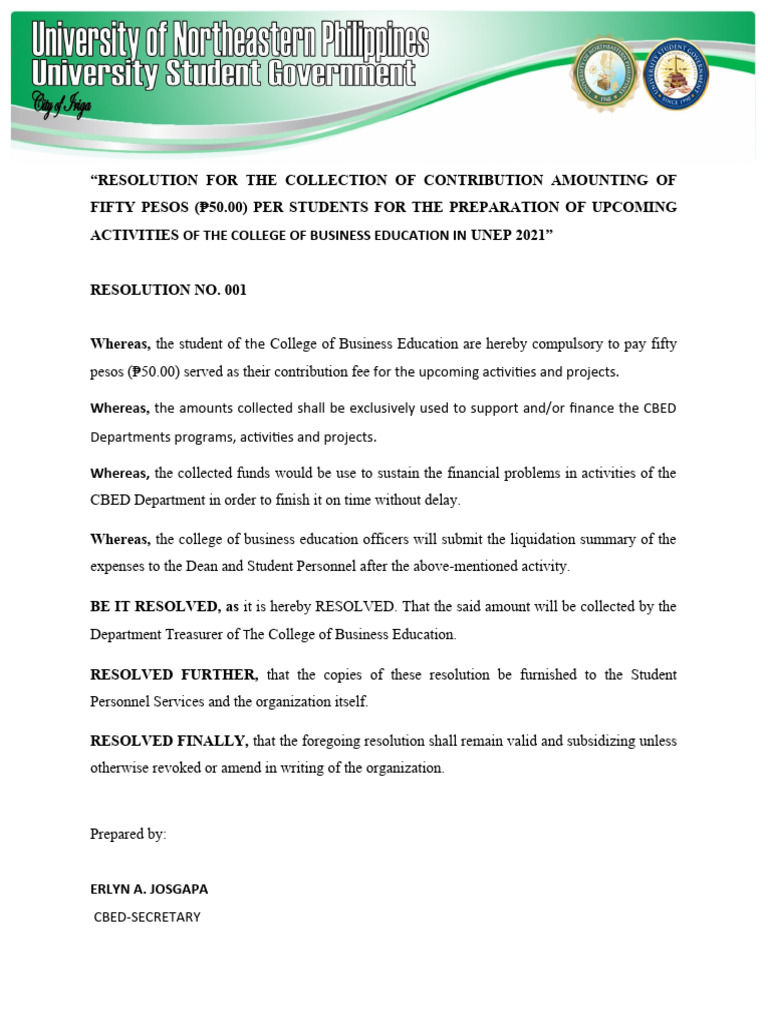 Resolution For The Collection of Contribution Amounting of Thirty Pesos ...