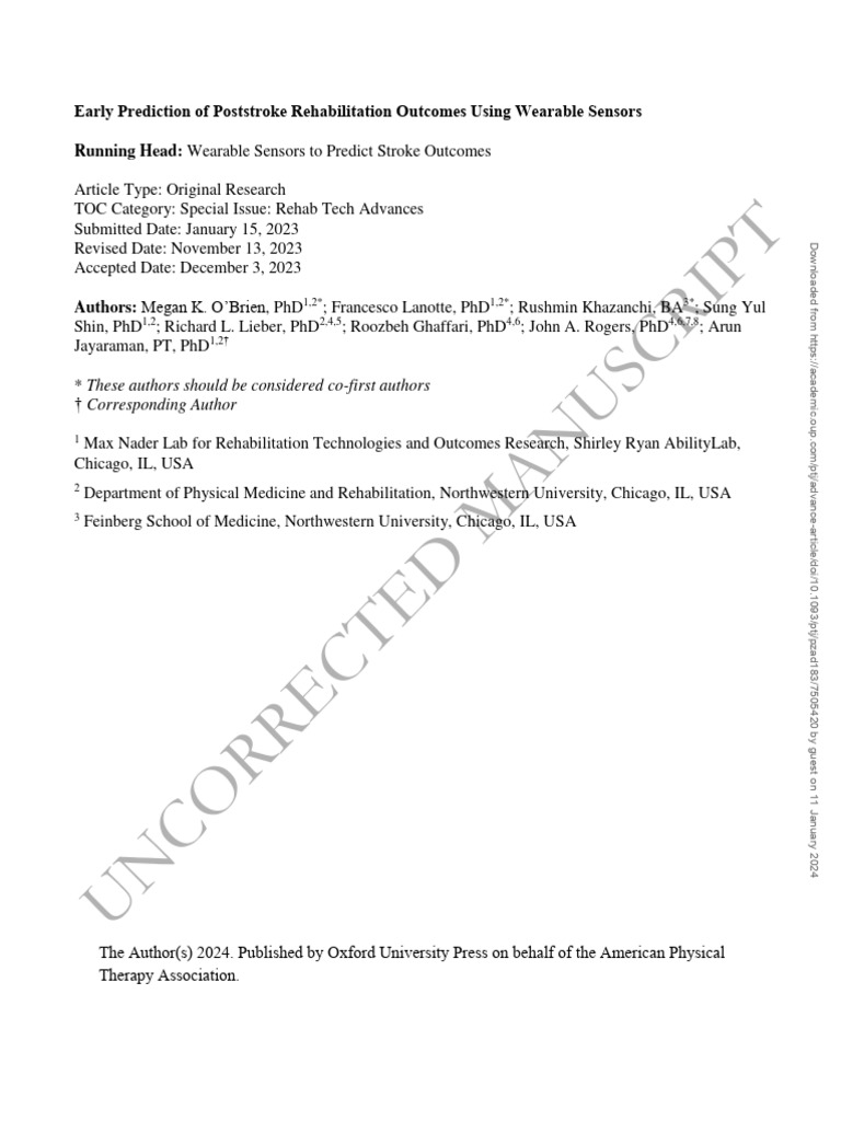 Early Prediction of Poststroke Rehabilitation Outcomes Using Wearable ...