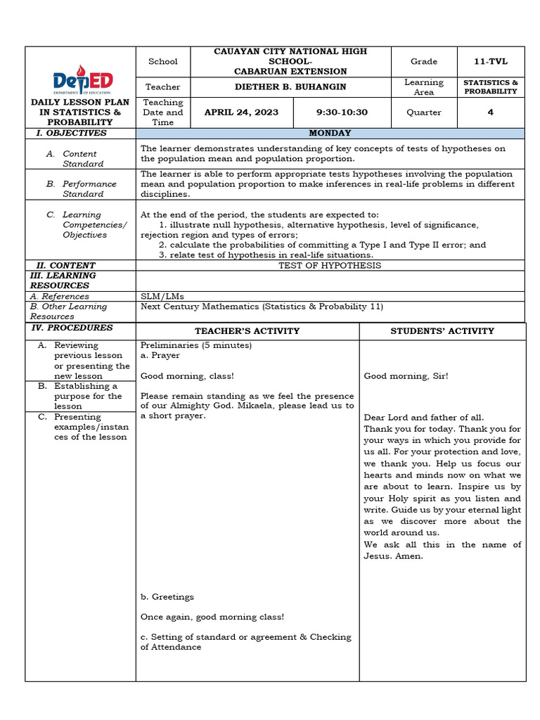 Sample - DLP - TEST OF HYPOTHESIS Sir Buhangin | PDF | Statistical ...