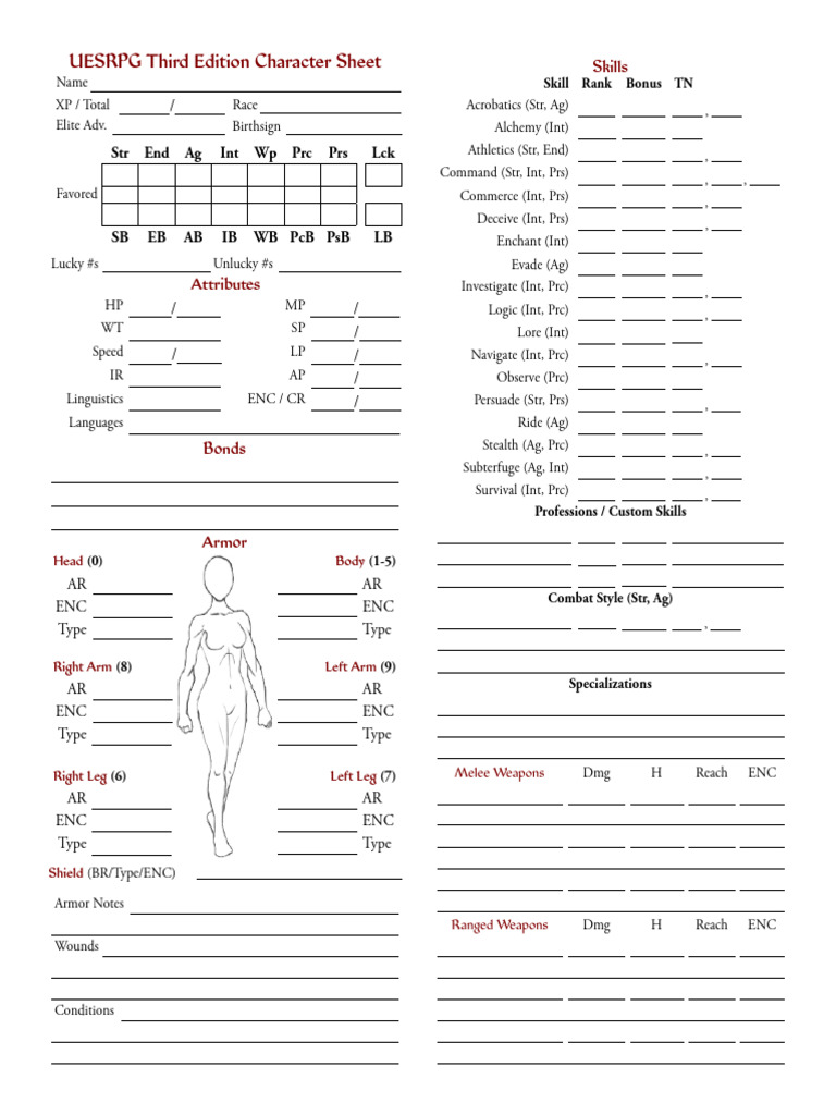 UESRPG 3e - Character Sheet v4.a3.2 - Feminine | PDF