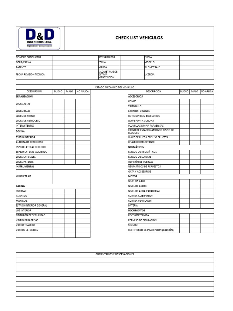 Check List Diario de Vehiculos | PDF | Neumático | Coche
