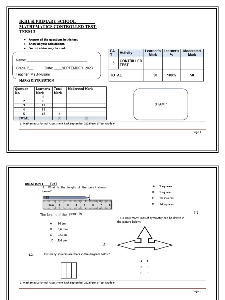 Maths Grade 6 Test TERM 3 | PDF | Rectangle | Geometric Shapes