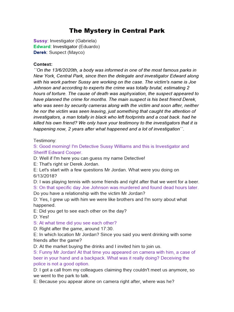 The Mystery in Central Park Gabriela | PDF | Criminal Law | Murder