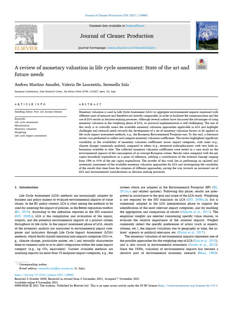 A Review of Monetary Valuation in Life Cycle Assessment State of The ...