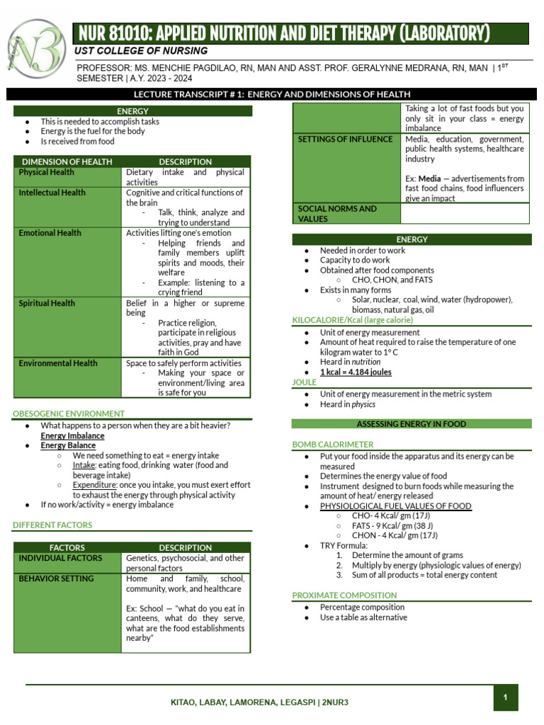 1.2.1 Nutri Lab - Energy and Dimensions of Health - Rle 1 | PDF ...