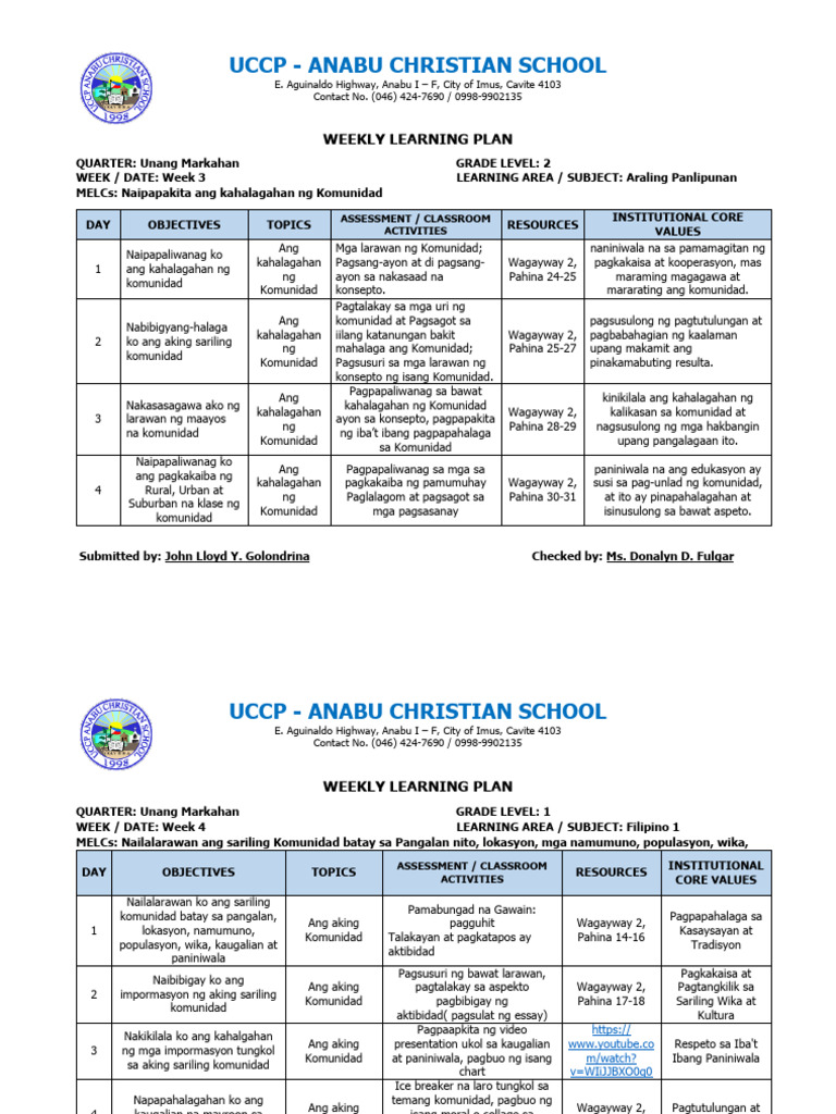 Weekly Plan AP 2 WEEK 3 AND 4 | PDF