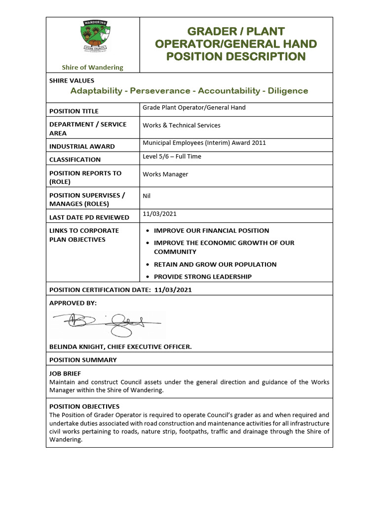 PD - Grader Operator | PDF | Risk | Occupational Safety And Health