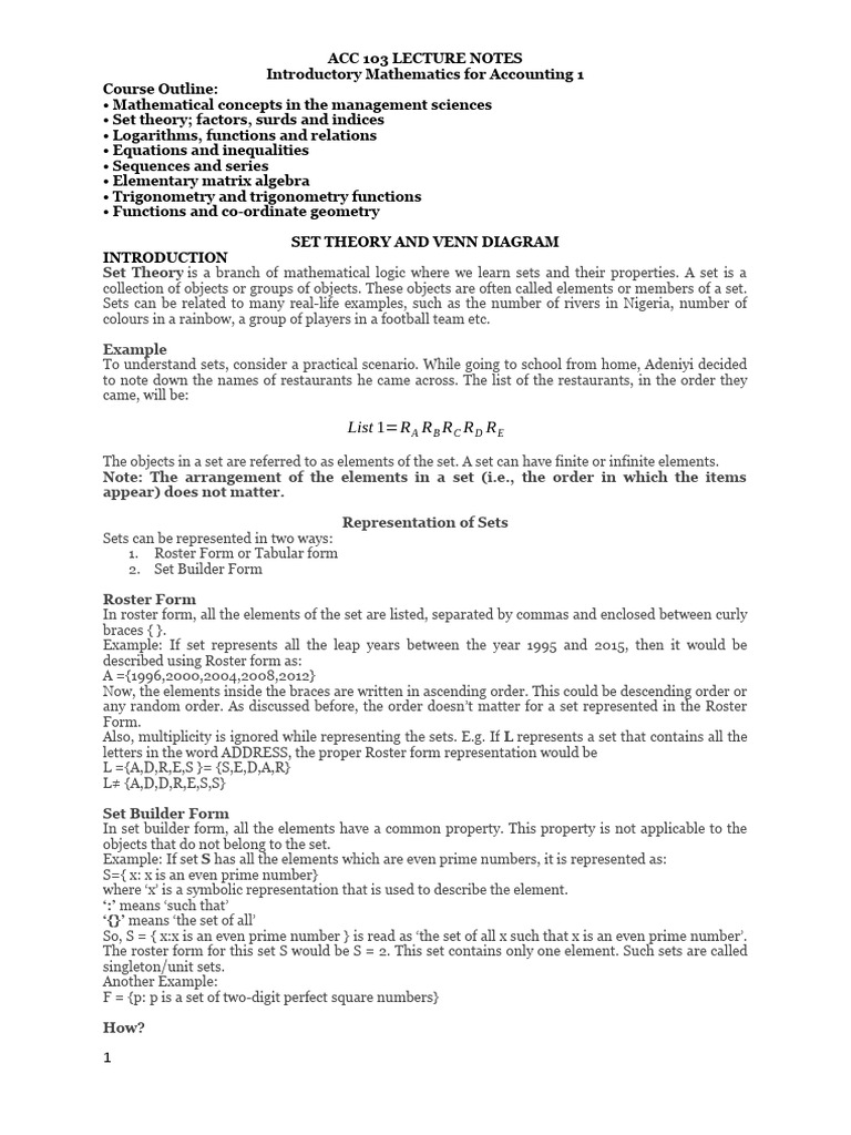 Acc 103 Notes To Class Pdf Set Mathematics Numbers
