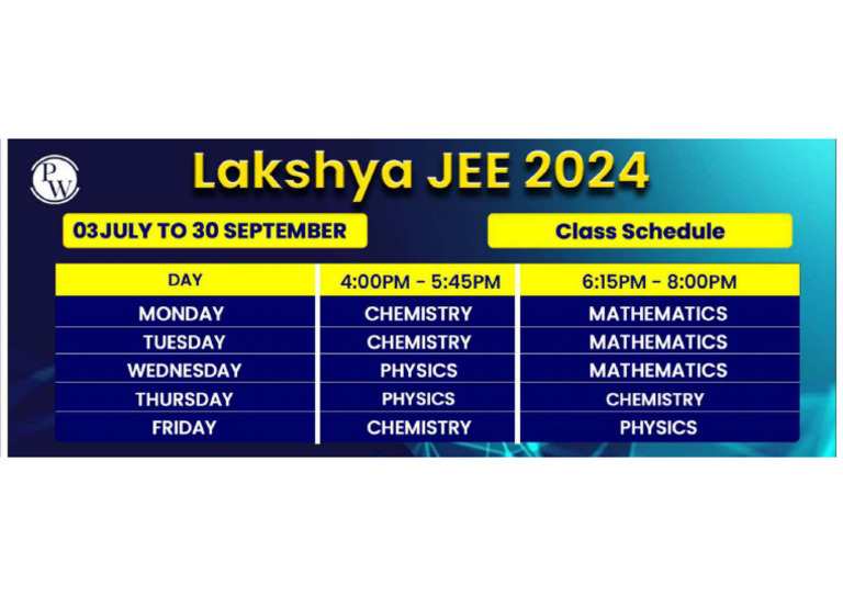 Lakshya JEE 2024 - Updated Class Schedule (From 03 July To 30 September) | PDF