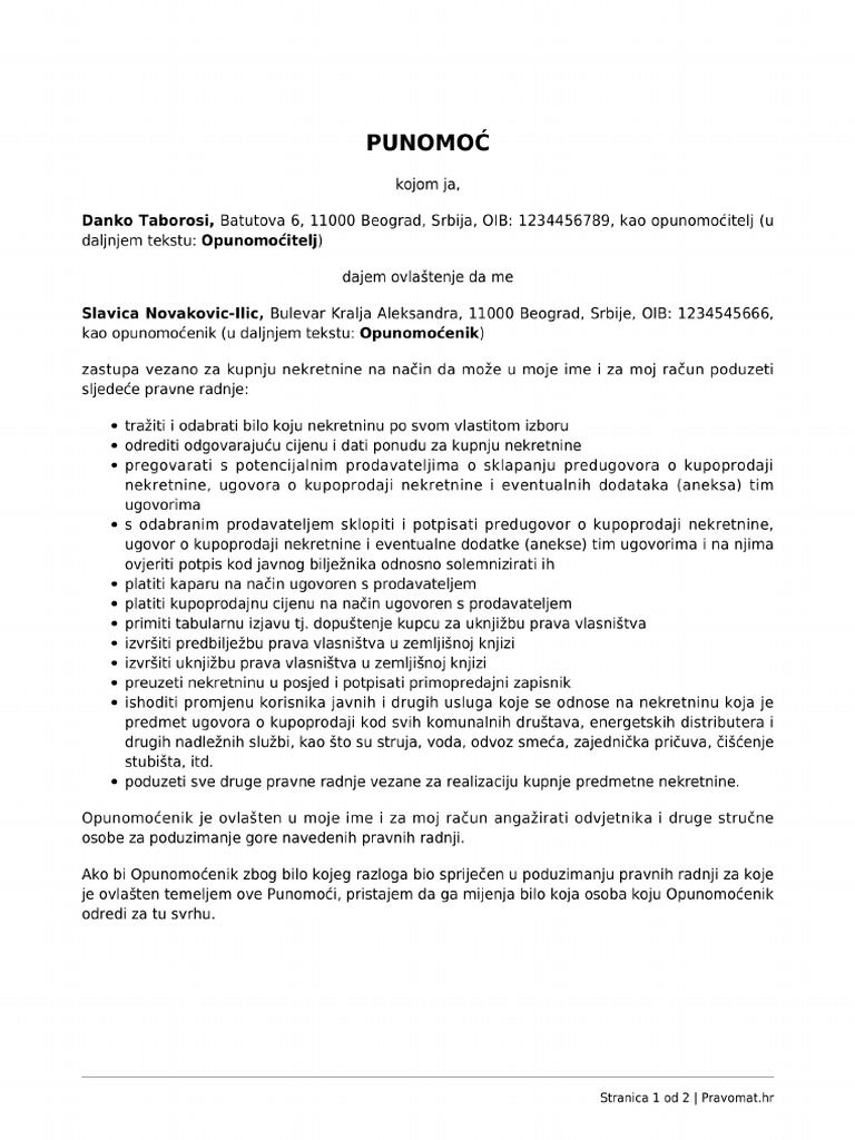 Punomoć Za Kupnju Nekretnine | PDF