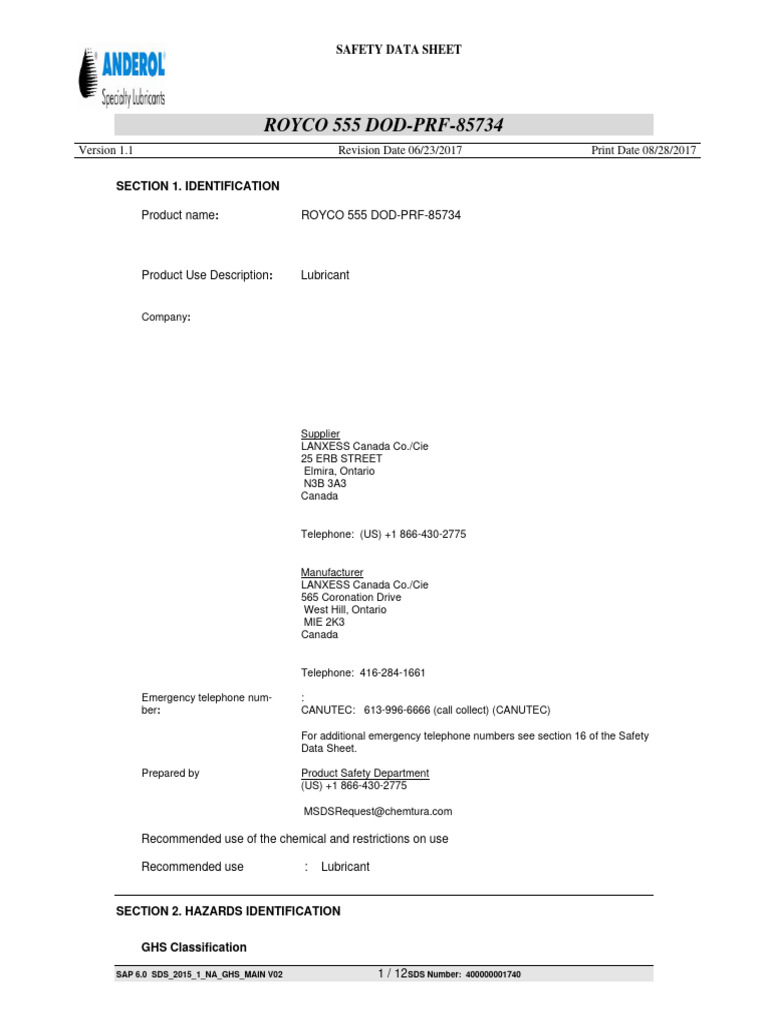 Royco 555 Safety Data Sheet Summary | PDF | Dangerous Goods | Toxicity