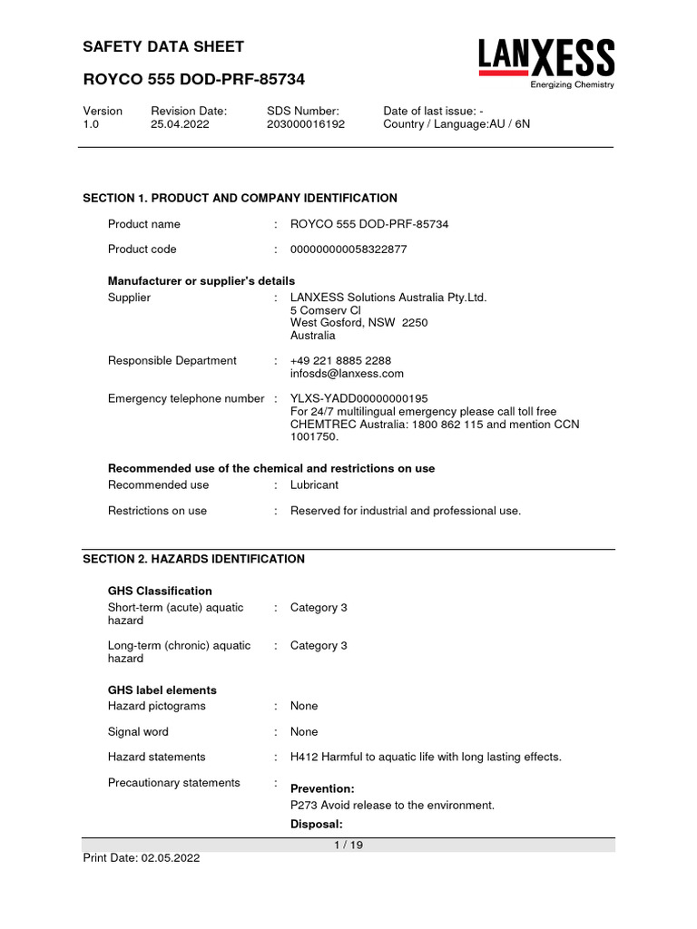 Royco 555 Safety Data Sheet (SDS) | PDF | Toxicity | Occupational ...