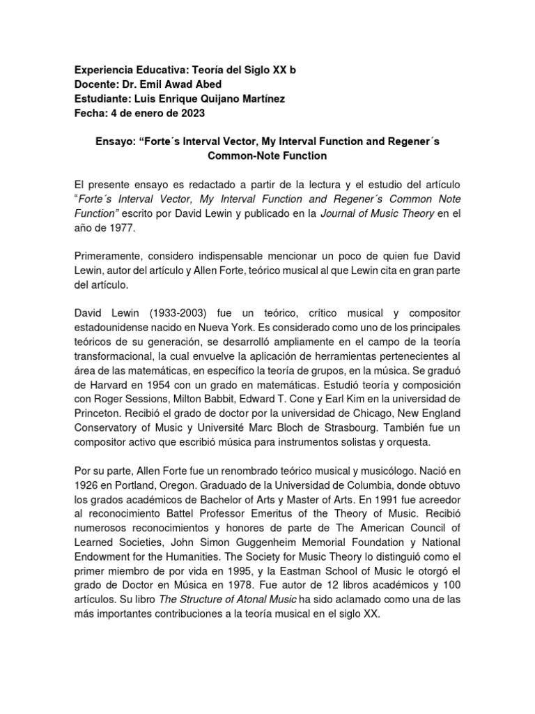 Ensayo "Forte S Interval Vector, My Interval Function and Regener S... " | PDF | Estudios de ...