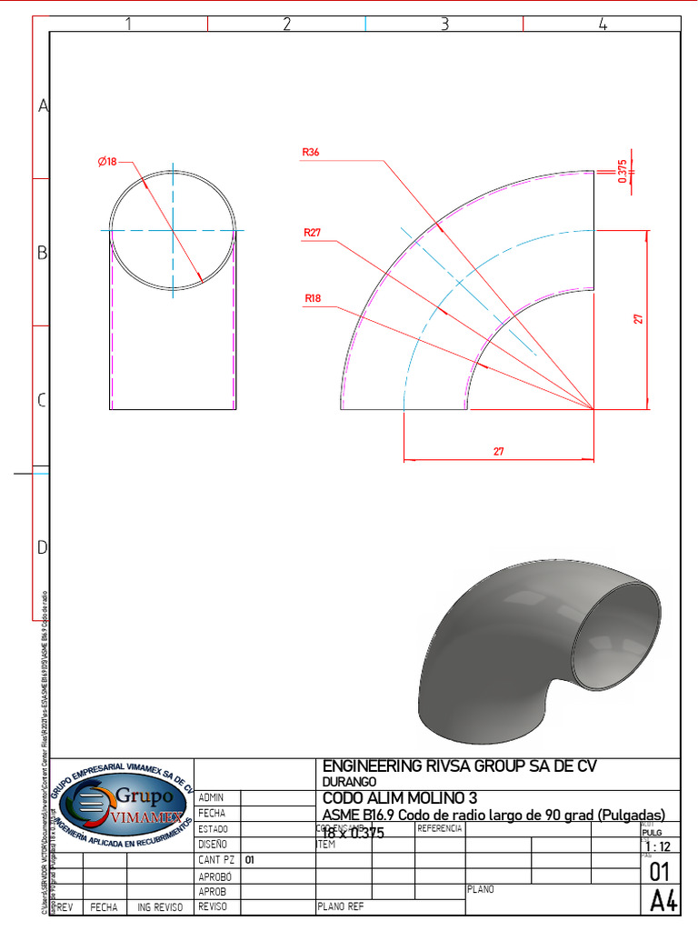 ASME B16.9 Codo de radio largo de 90 grad (Pulgadas) 18 x 0.375 | PDF