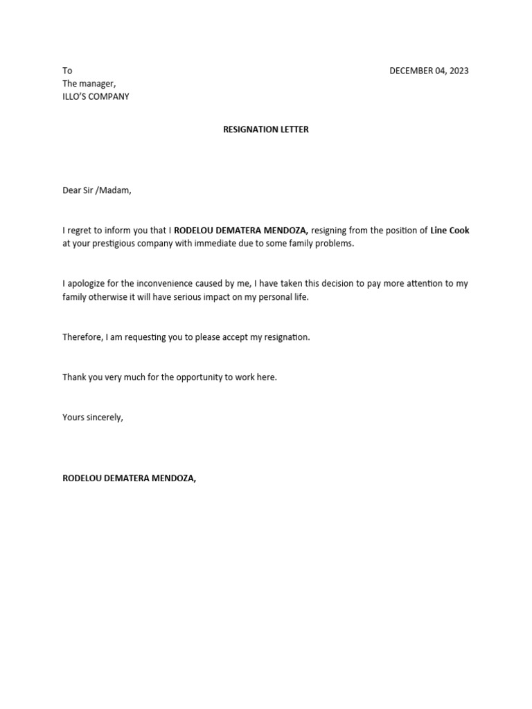 Resignation Letter (Rodelou Dematera Mendoza) | PDF | Cooking, Food & Wine