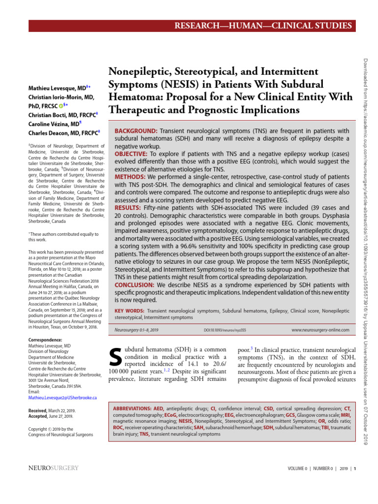 Nonepileptic, Stereotypical, And Intermittent Symptoms (NESIS) in Patients With Subdural ...