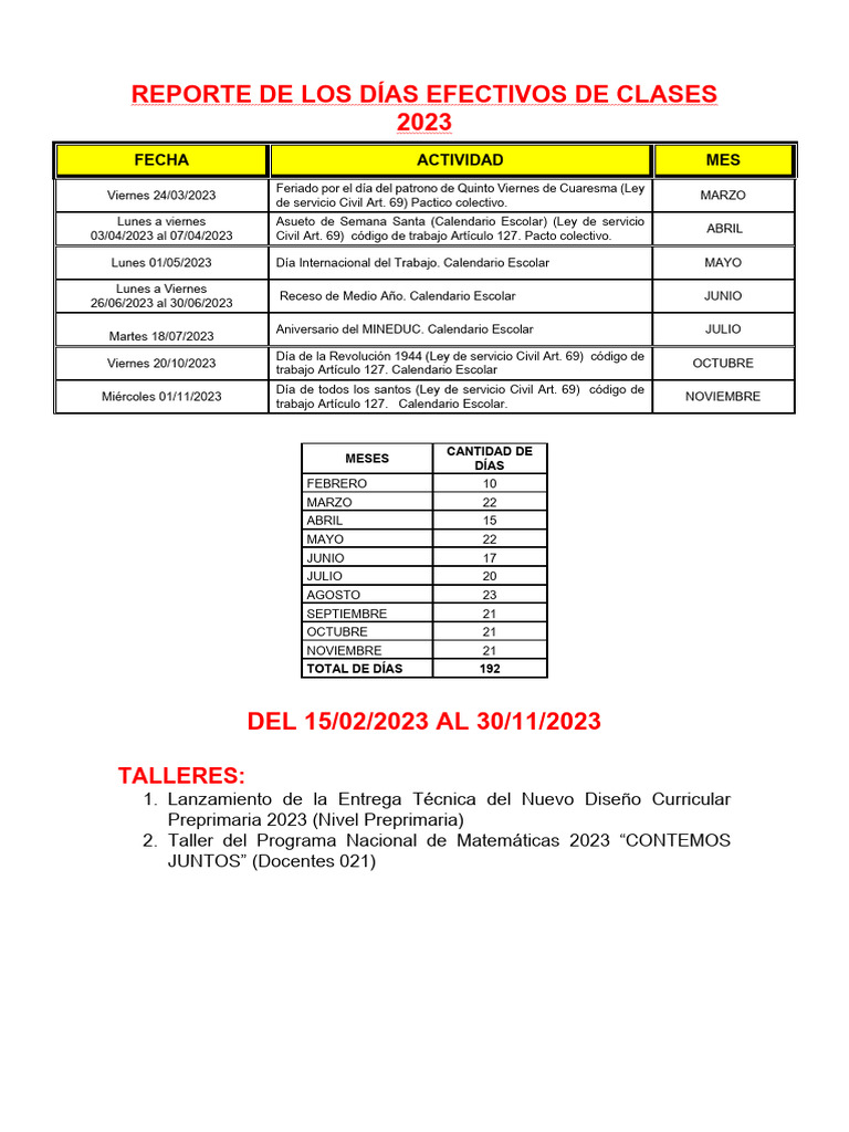 Dias Efectivos De Clases Pdf Calendario