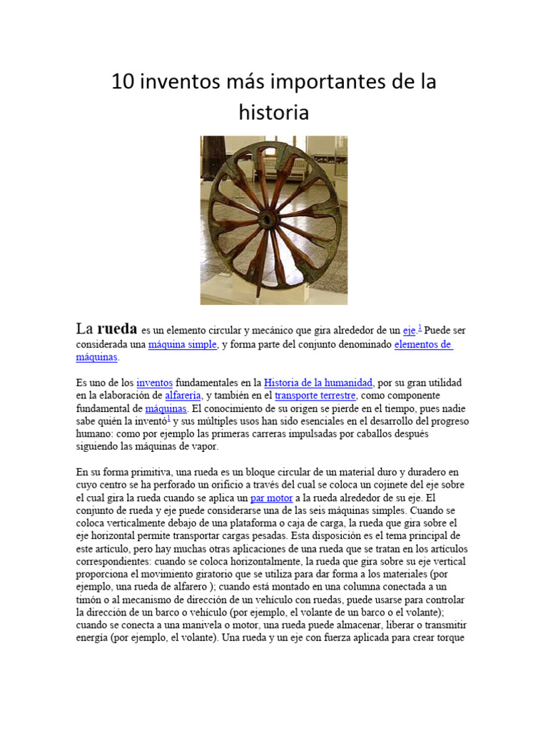 10 inventos más importantes de la historia | PDF | Rueda | Máquina de vapor