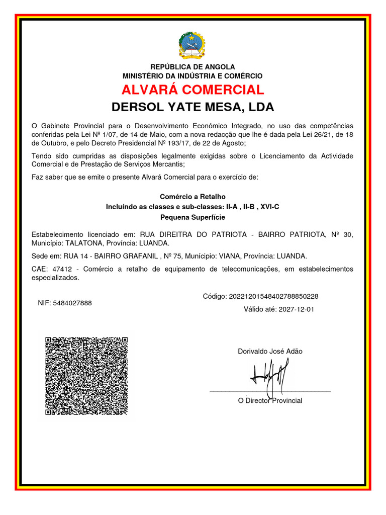 Alvará Comercial: Dersol Yate Mesa, Lda | PDF
