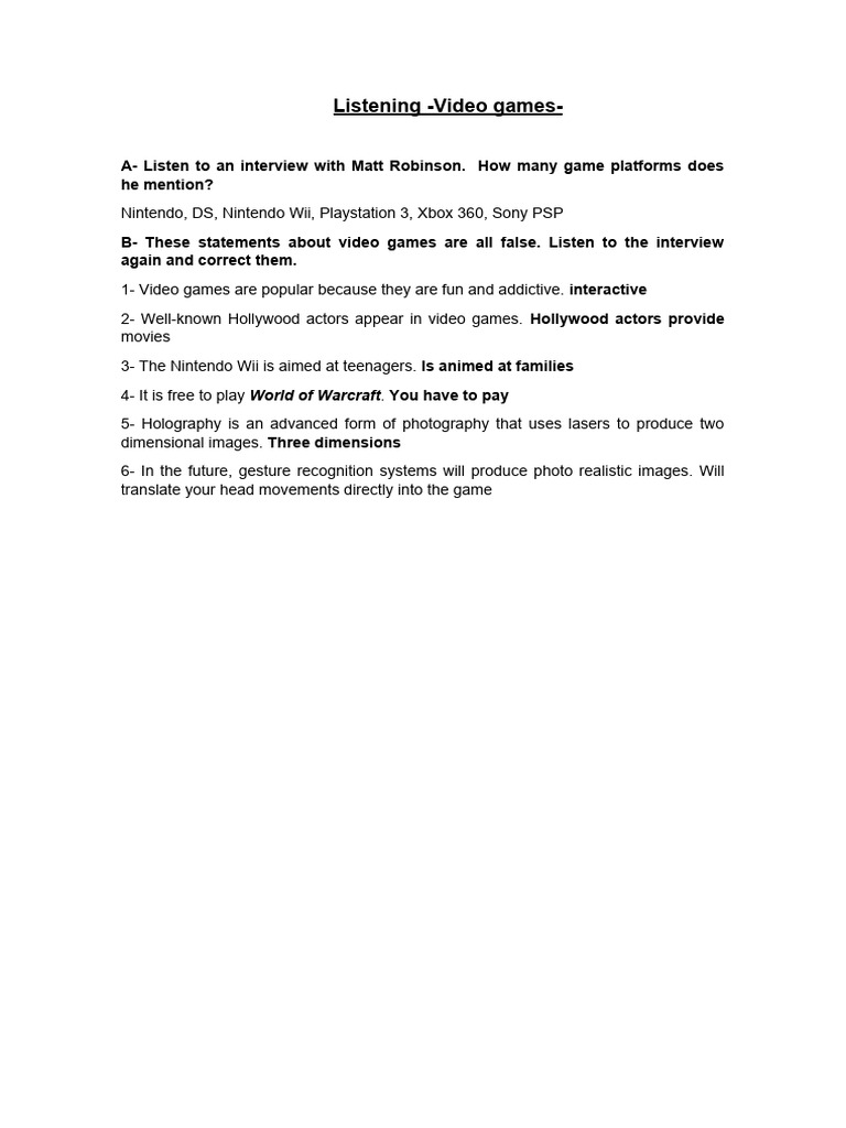 Listening - Video Games | PDF