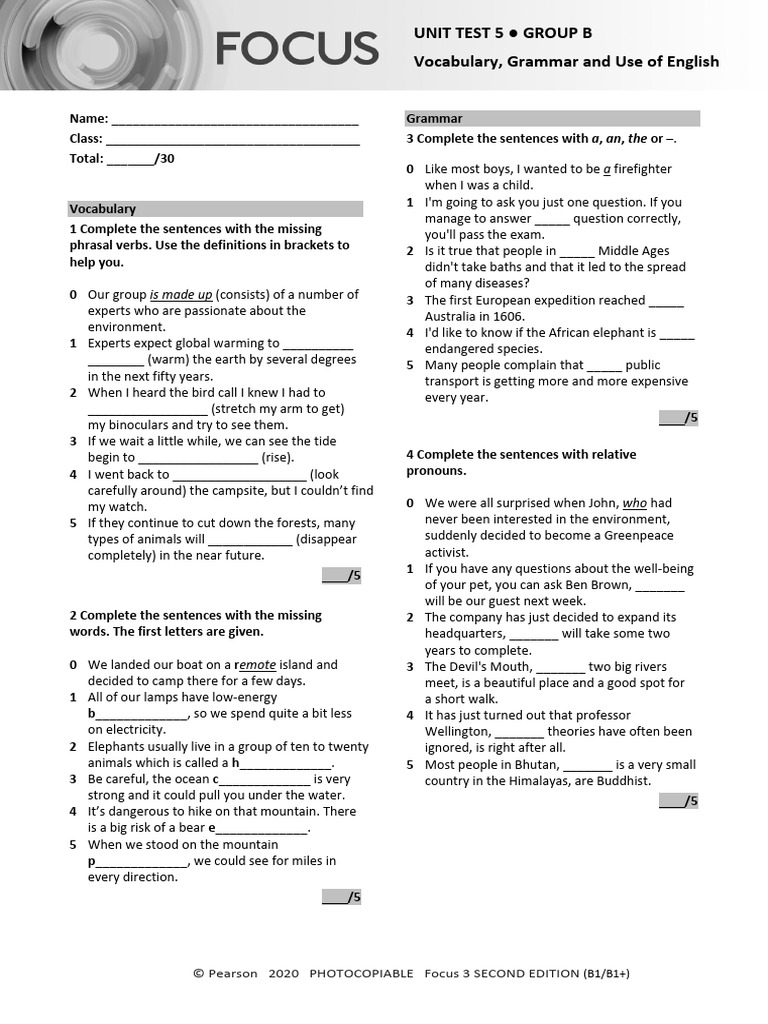 Focus3_2E_Unit_Test_Vocabulary_Grammar_UoE_Unit5_GroupB | PDF