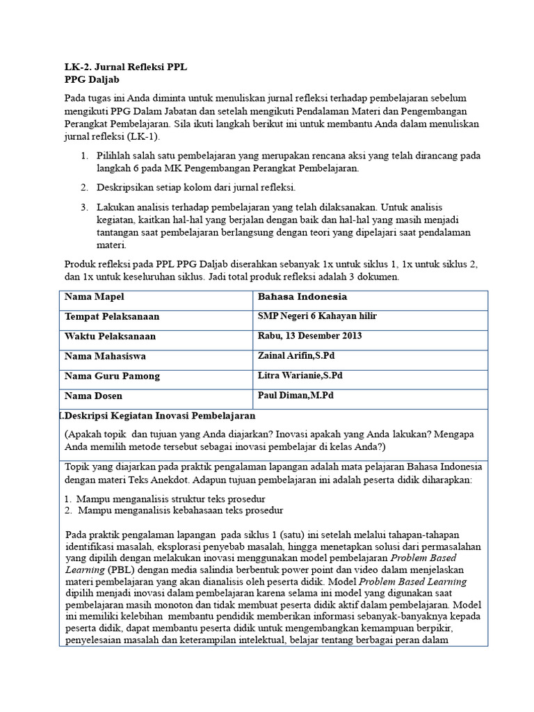 LK 2 Jurnal Refleksi Zainal Arifin, S.PD | PDF | Seni